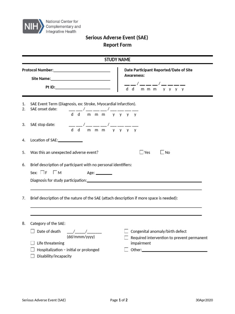 Serious Adverse Events Form Ver3!07!17-2015 | PDF | Clinical Medicine ...