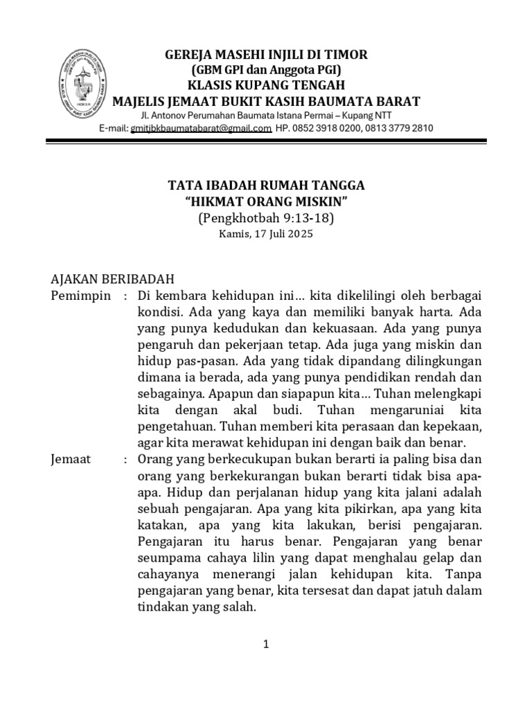 Tata Ibadah Rumah Tangga: Hikmat Miskin | PDF