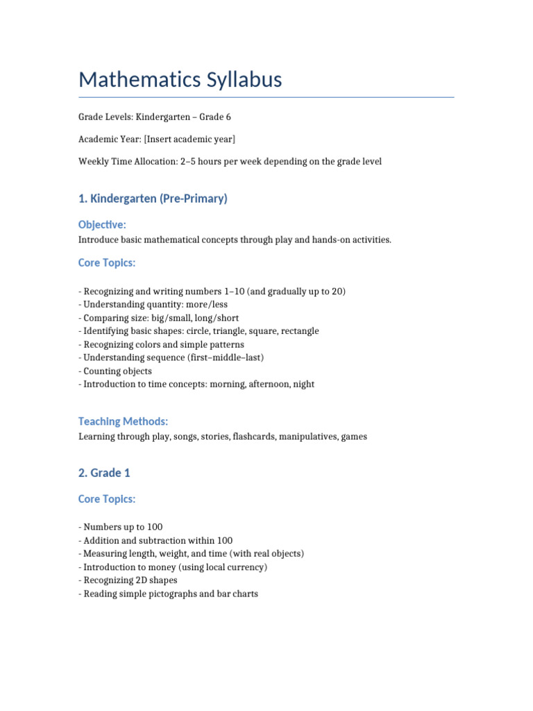 Mathematics Syllabus KG To Grade6 | PDF | Area | Shape