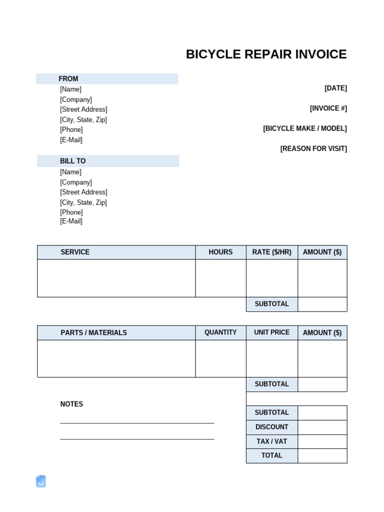 Bicycle Bike Repair Invoice Template | PDF