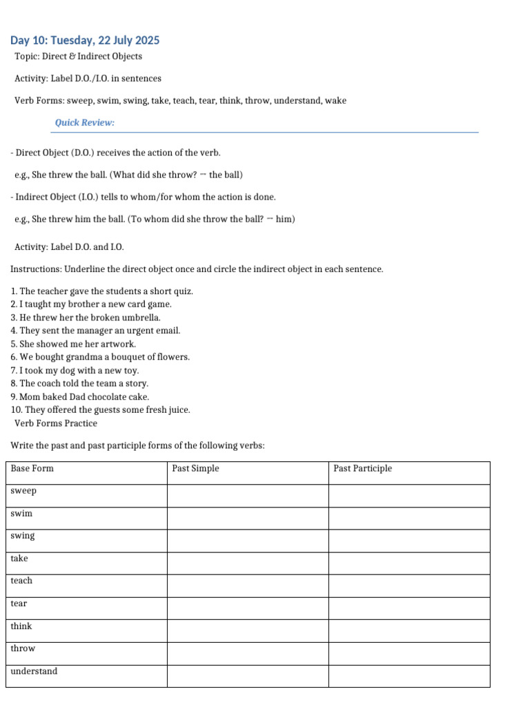 Day10 Direct Indirect Objects Worksheet | PDF