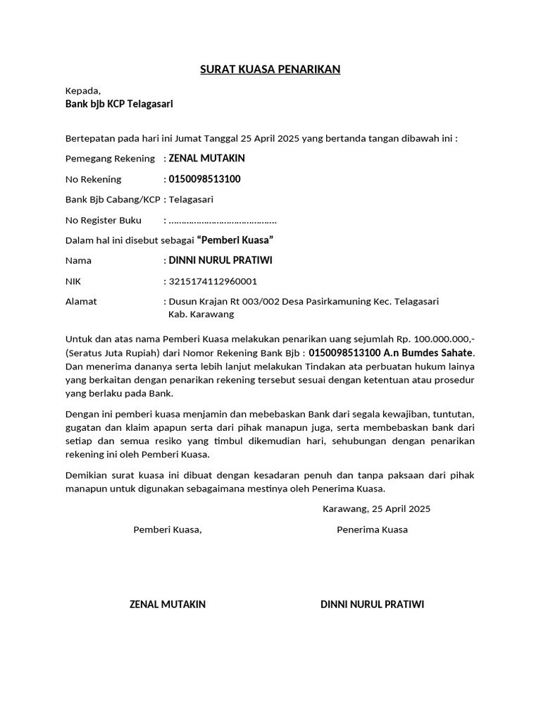 Surat Kuasa Penarikan Bank BJB | PDF