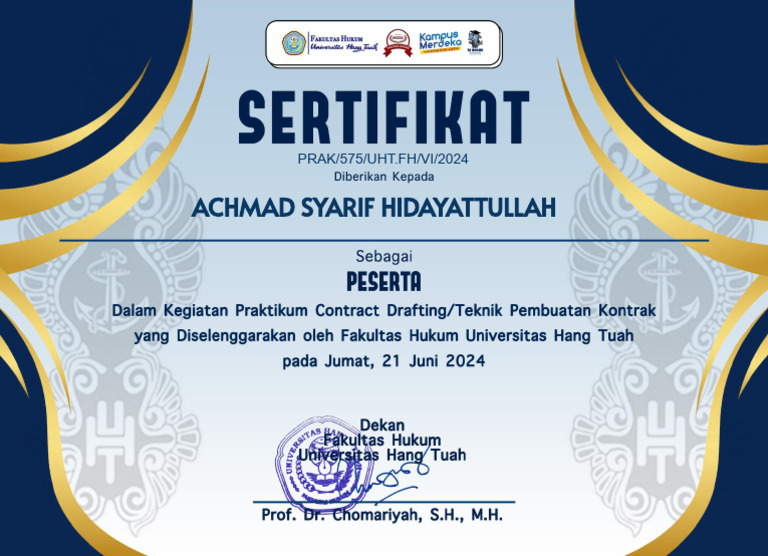Achmad Syarif Hidayattullah - Sertifikat Contract Drafting Juni 2024 | PDF