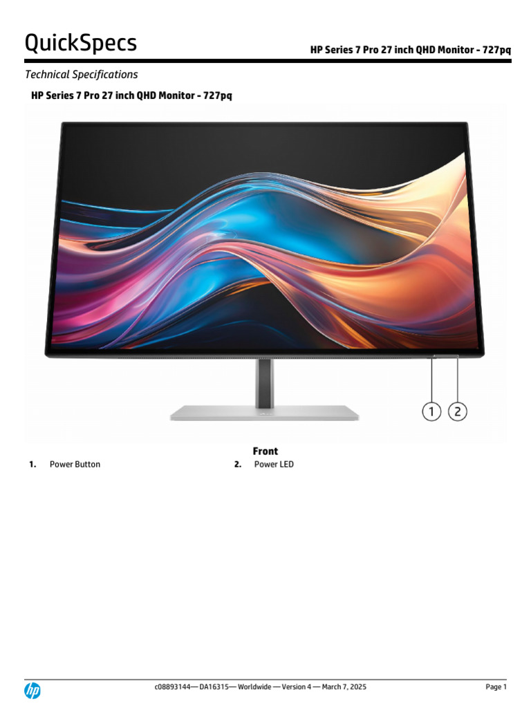 HP Series 7 Pro QHD Monitor Specs | PDF | Computer Monitor | Hdmi