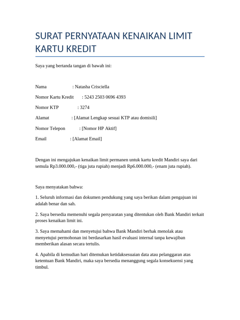 Surat Pernyataan Kenaikan Limit Kartu Kredit Mandiri | PDF