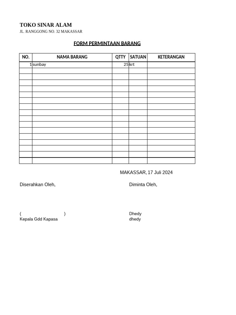 Form Permintaan Barang: Toko Sinar Alam | PDF