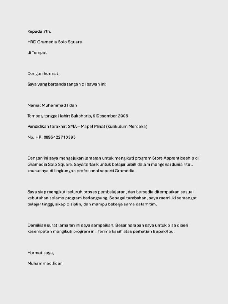 Lamaran Store Apprenticeship Gramedia | PDF