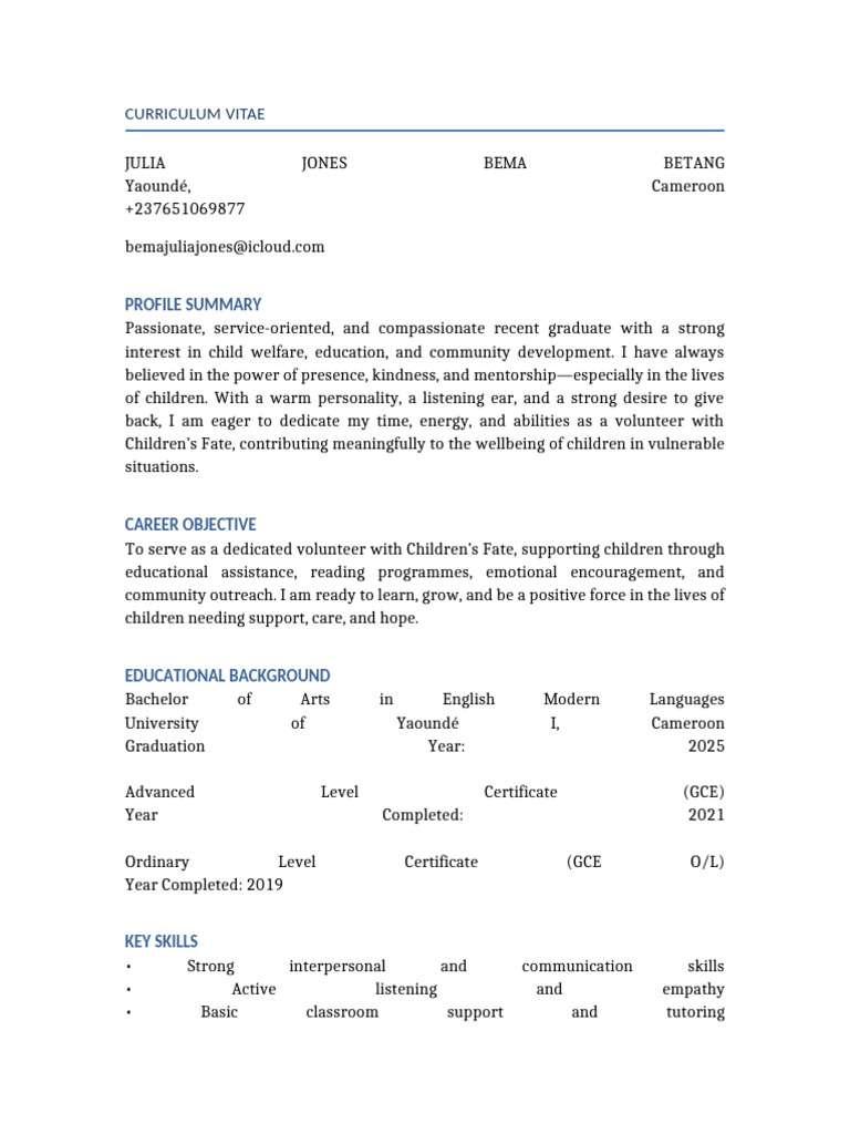 Julia Jones Bema Betang Volunteer CV | PDF | Mentorship | Learning