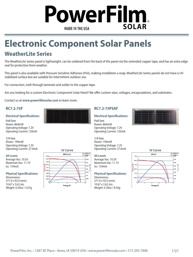 Electronic Component Solar Panels Spec Sheet - Weatherlite Series | PDF ...