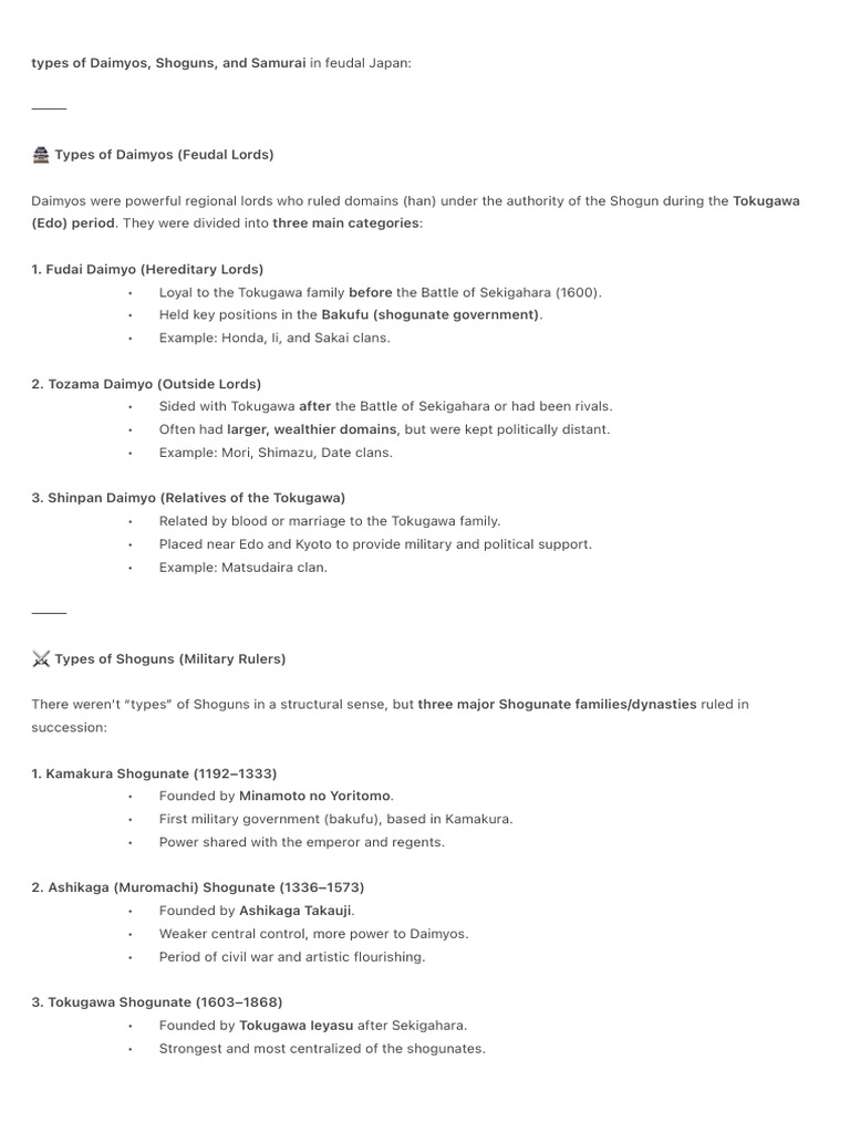 Types of Daimyos, Shoguns, and Samurai in Feudal Japan | PDF | Shogun ...