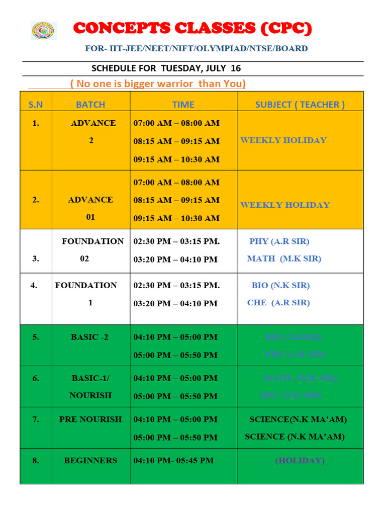 Concepts Classes Schedule - July 16 | PDF