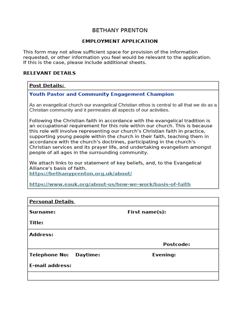 Youth Pastor and Community Engagement Champion Application Form 2025 | PDF