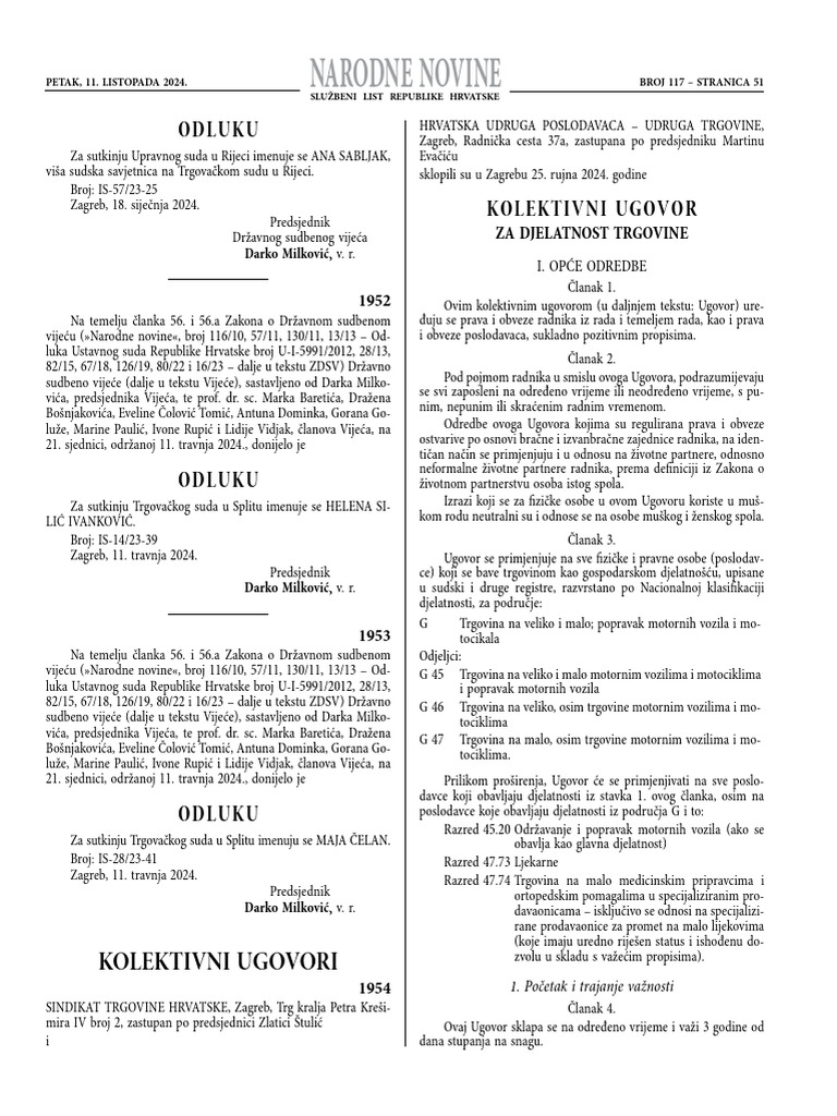 NN - 2024 - 117 - 1954kolektivni Ugovor Za Djelatnost Trgovine | PDF