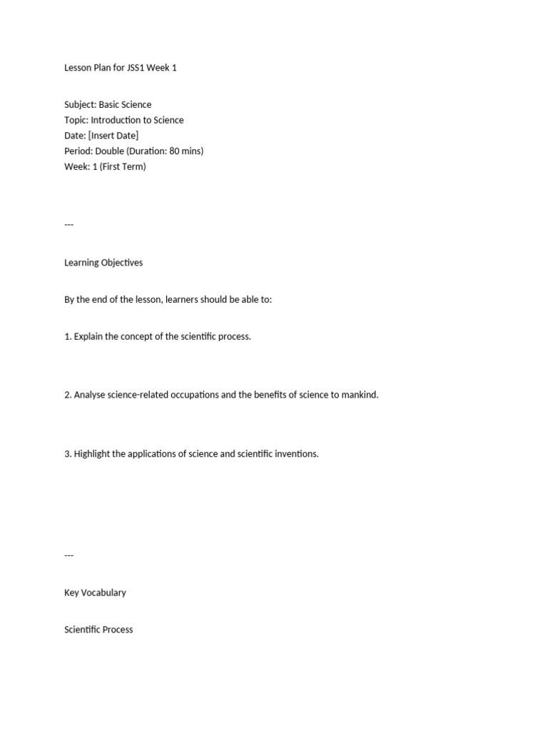 Lesson Plan For Jss1 First Basic Science Week 1 | PDF | Science | Scientific Method