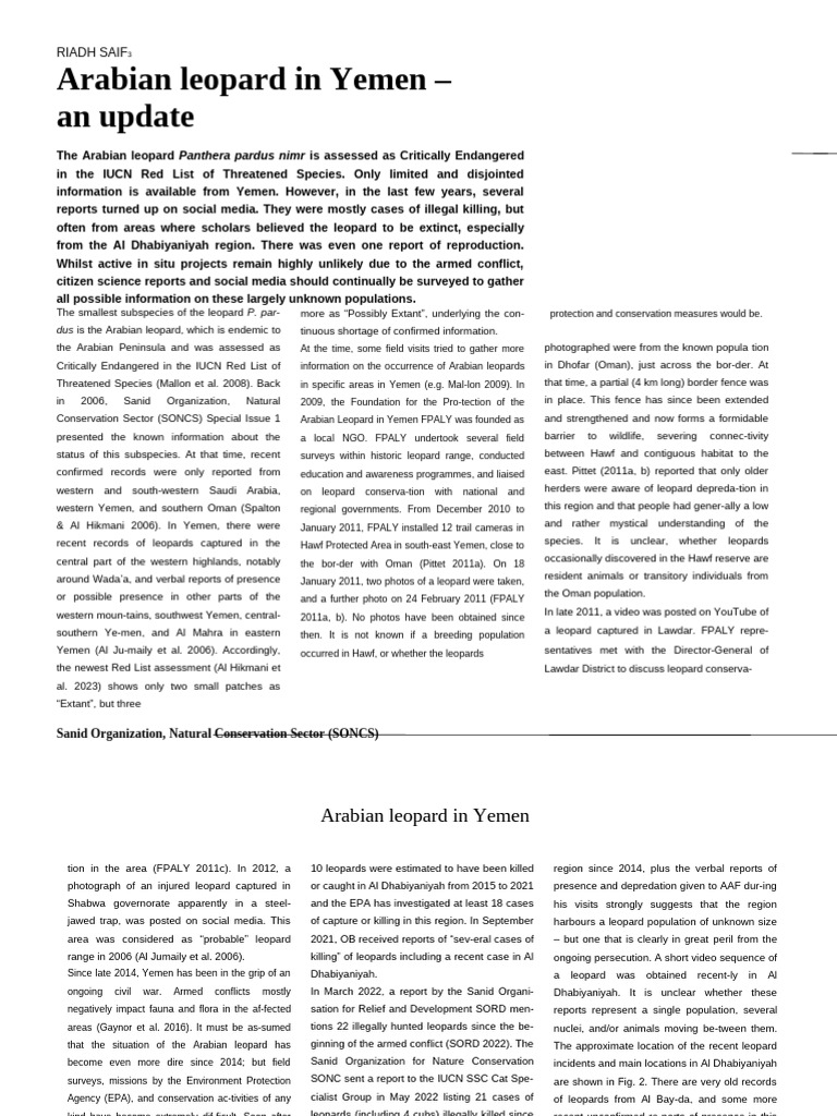 Arabian Leopard Status in Yemen | PDF | Leopard | Conservation Biology