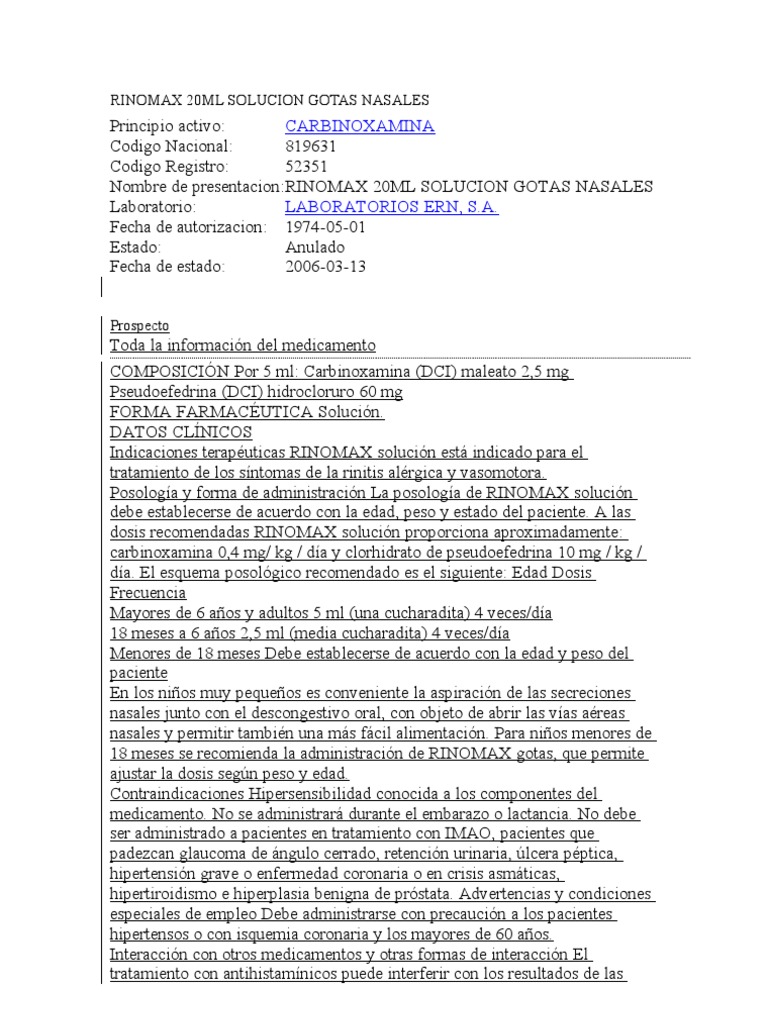 Rinomax 20ml Solucion Gotas Nasales | PDF | Tratamientos médicos | Medicina