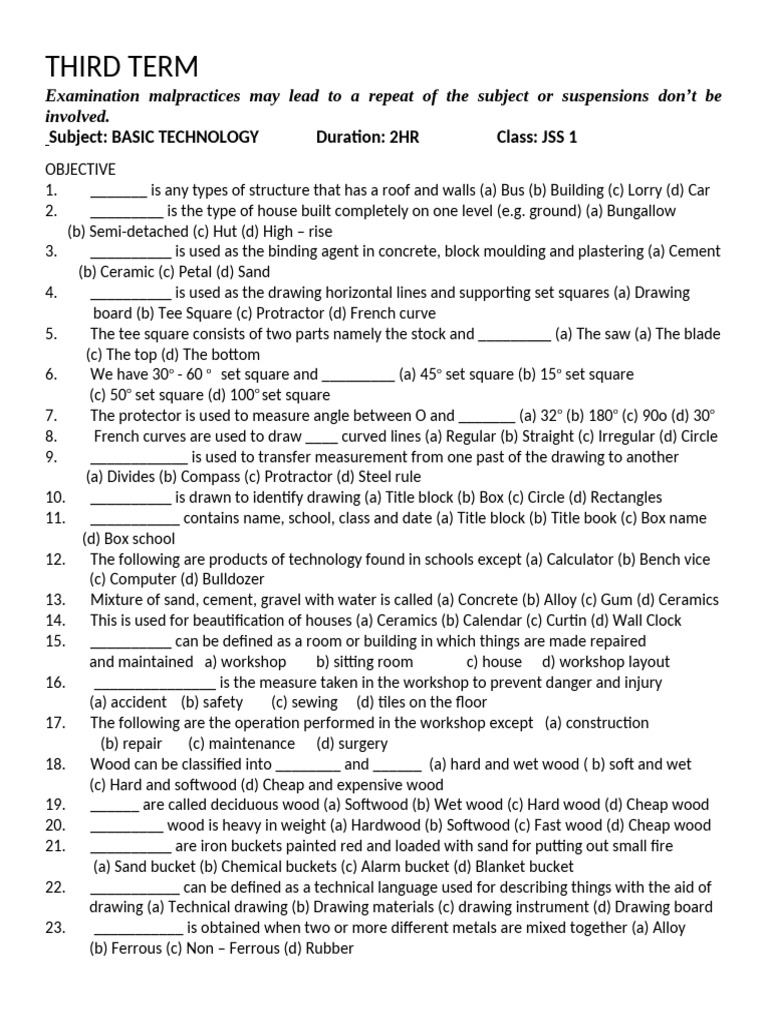 Basic Technology Exam Questions JSS 1 | PDF | Wood | Materials