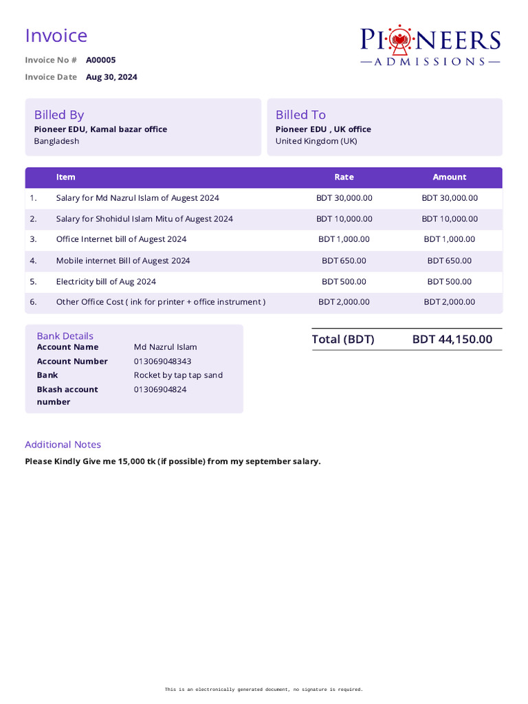 August 2024 Invoice from Pioneer EDU | PDF