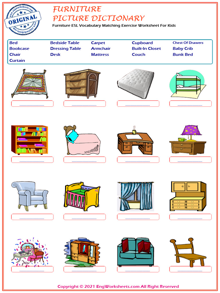 ESL Furniture Vocabulary Worksheet | PDF | Bed | Furniture