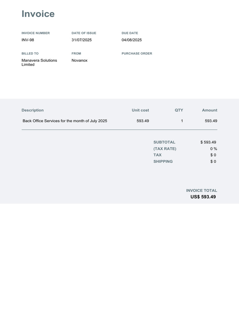 July 2025 Invoice for Back Office Services | PDF