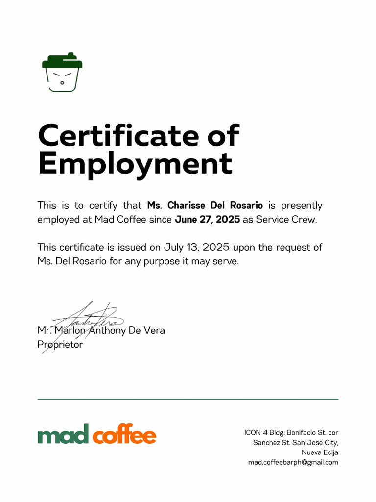 Certificate of Employment - Cha | PDF