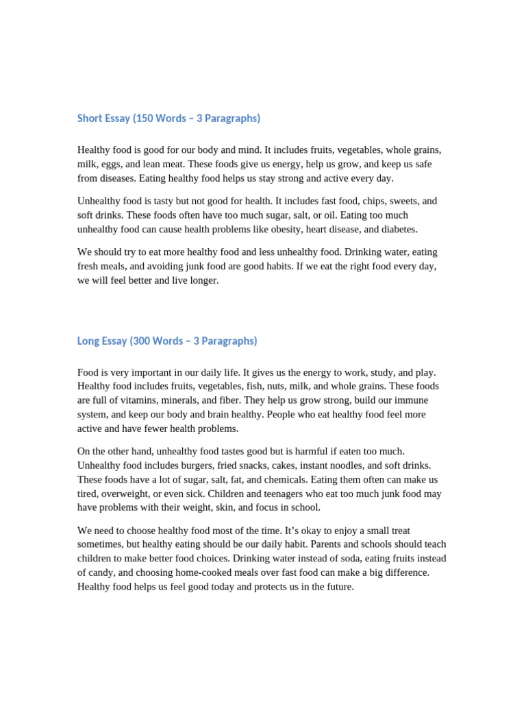 Healthy and Unhealthy Food Essay Worksheet | PDF