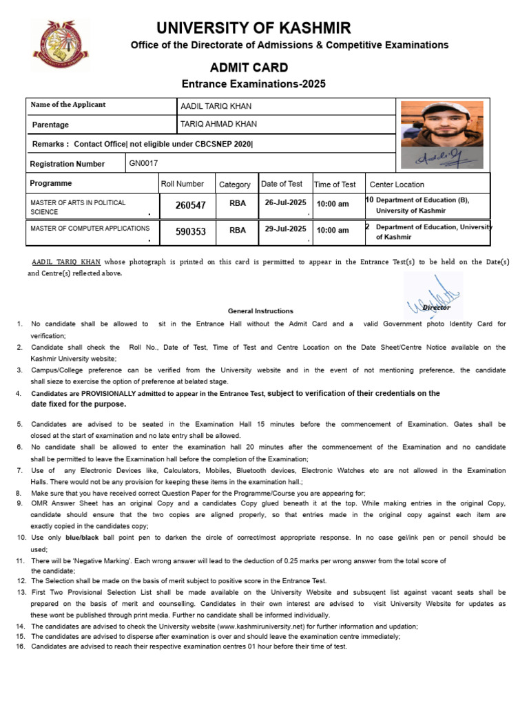 KU Entrance Admit Card-2016 | PDF