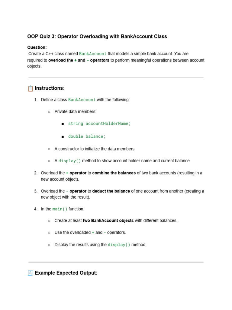 OOP Quiz 3 - Operator Overloading With BankAccount Class | PDF