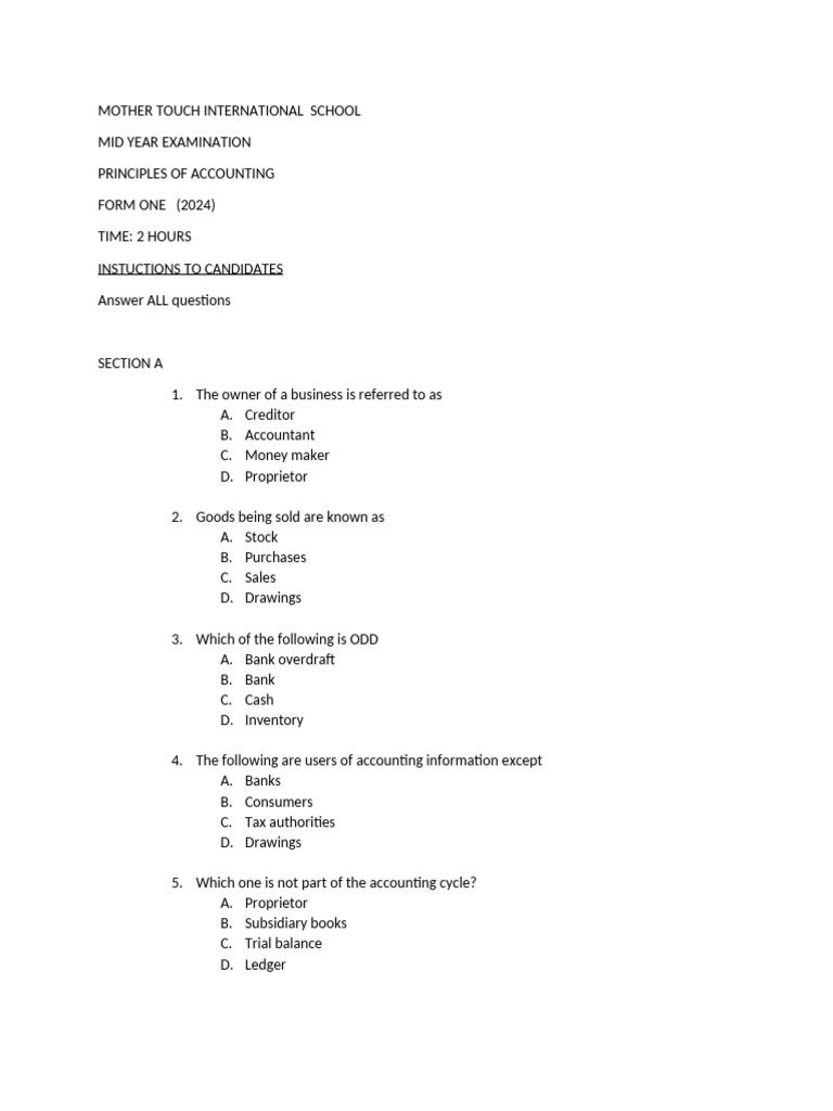 Mid-Year Accounting Exam for Form One | PDF | Debits And Credits | Money