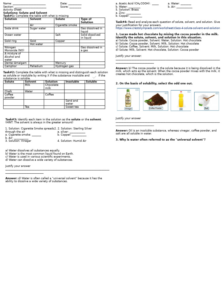 Solute, Solvent, and Solution Worksheet | PDF | Solubility | Solvent