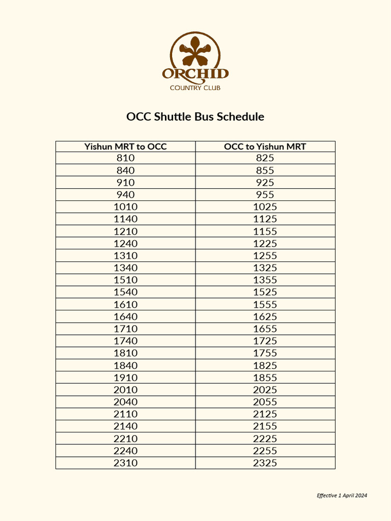 OCC Shuttle Bus Timetable 2024 | PDF