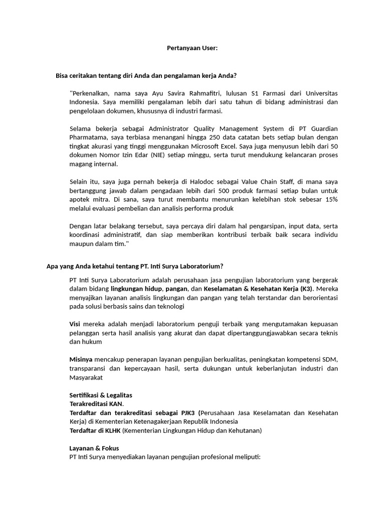 Pertanyaan Interview - Sampling Admin Staff | PDF