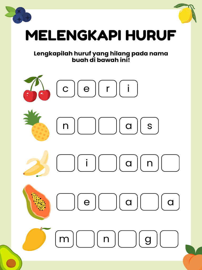 Lembar Kerja Belajar Melengkapi Huruf Hijau Ilustrasi | PDF