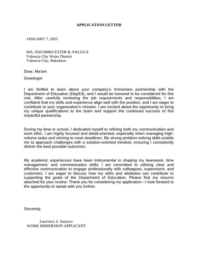 Work Immersion Application Letter | PDF