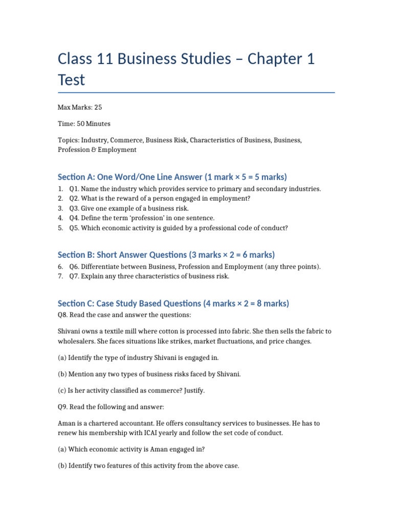 Class 11 BST Chapter 1 Test | PDF