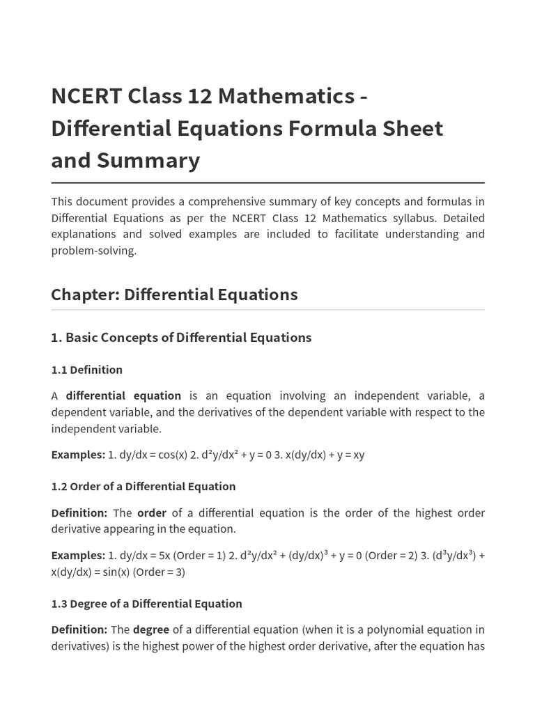 Differential Equations Formula Sheet | PDF | Equations | Differential Equations