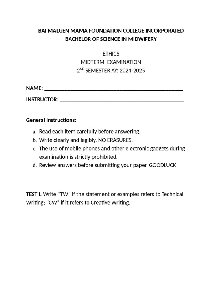 Ethics Midterm Exam | PDF