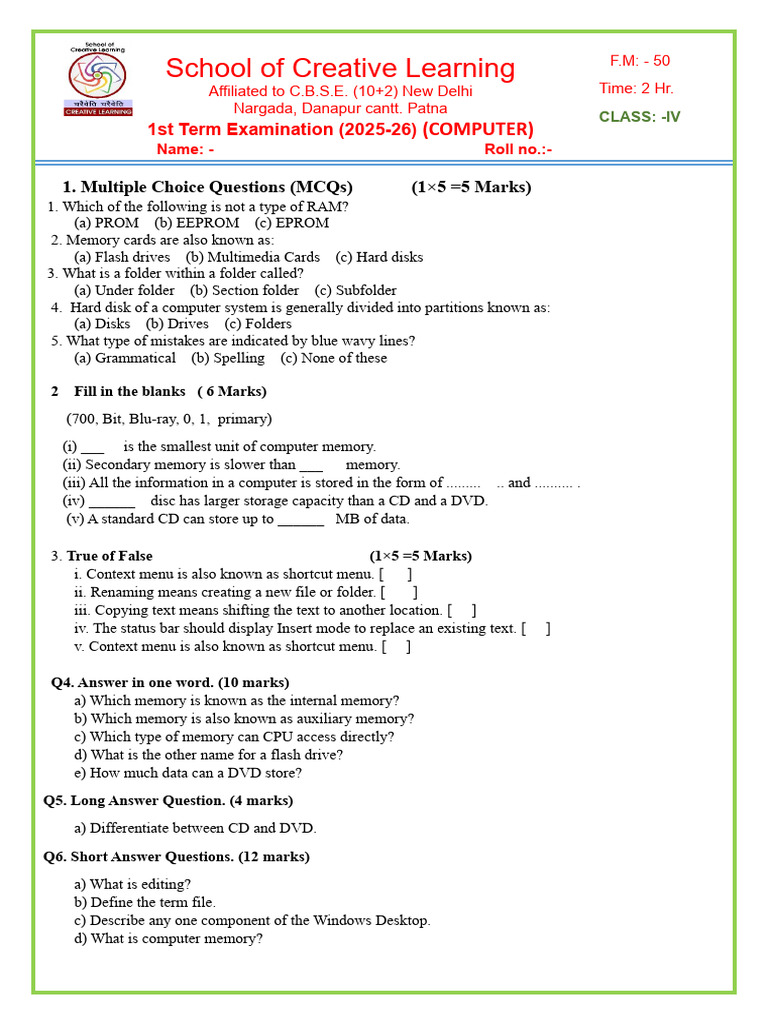 Class IV Computer Exam Paper 2025-26 | PDF | Computer Data Storage ...