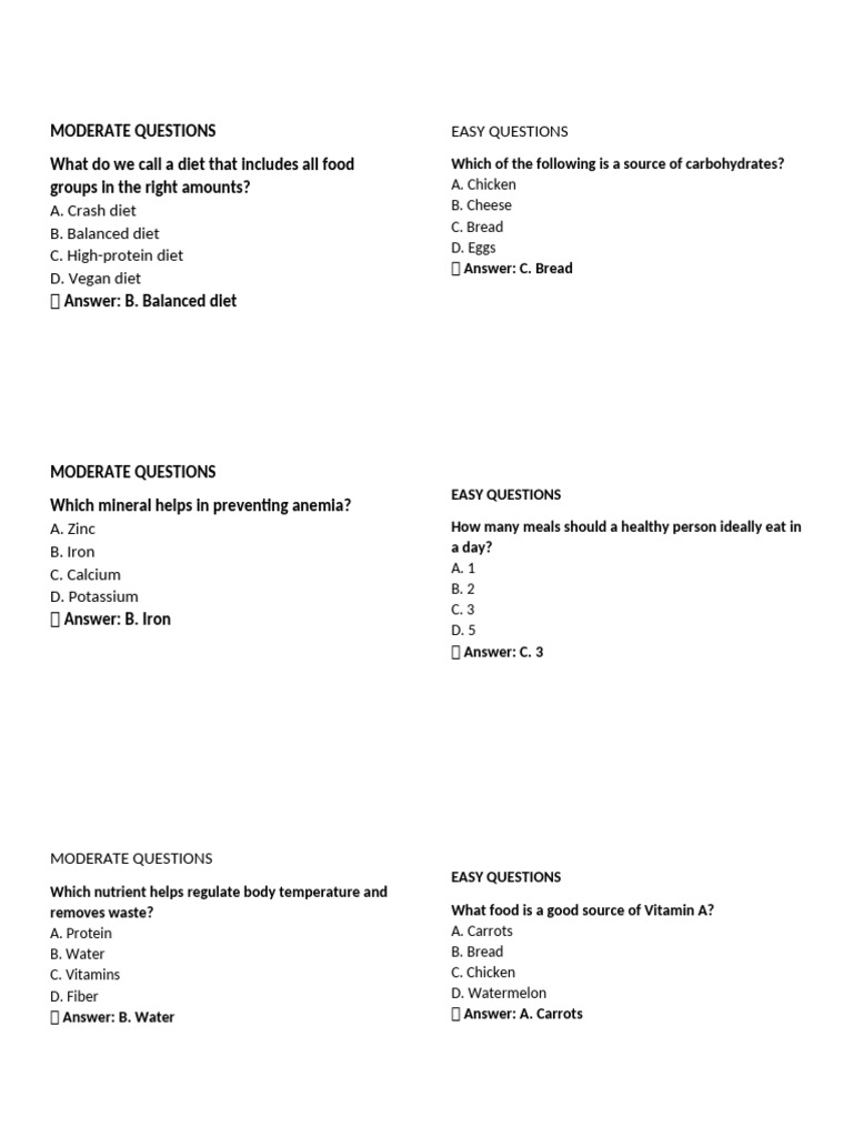 Nutrition Quiz: Balanced Diet Basics | PDF