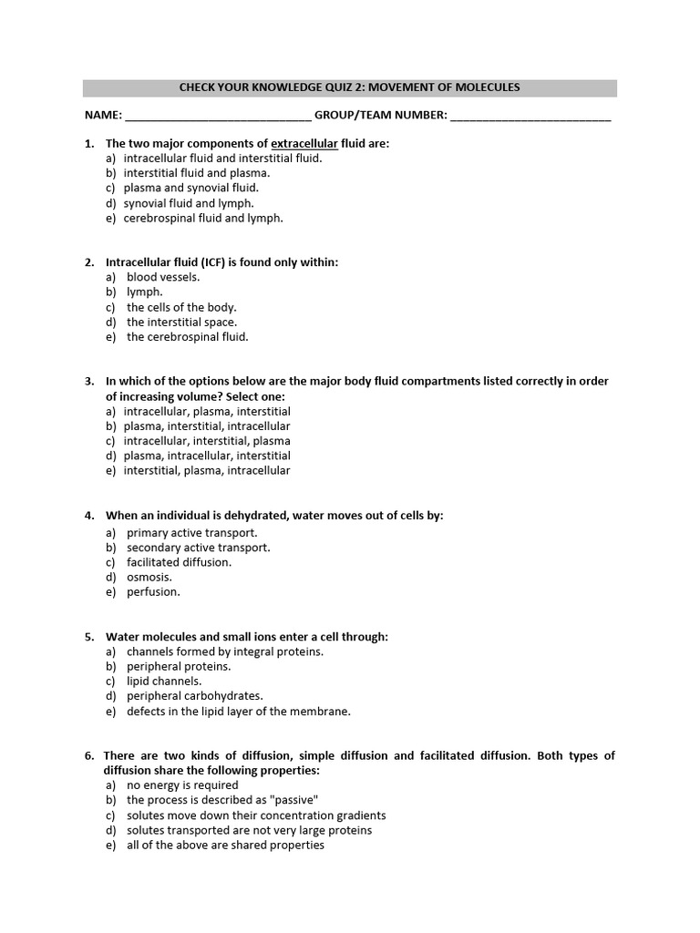 WORKSHOP QUIZ 2 - Movement of Molecules | PDF | Cell Membrane | Histology