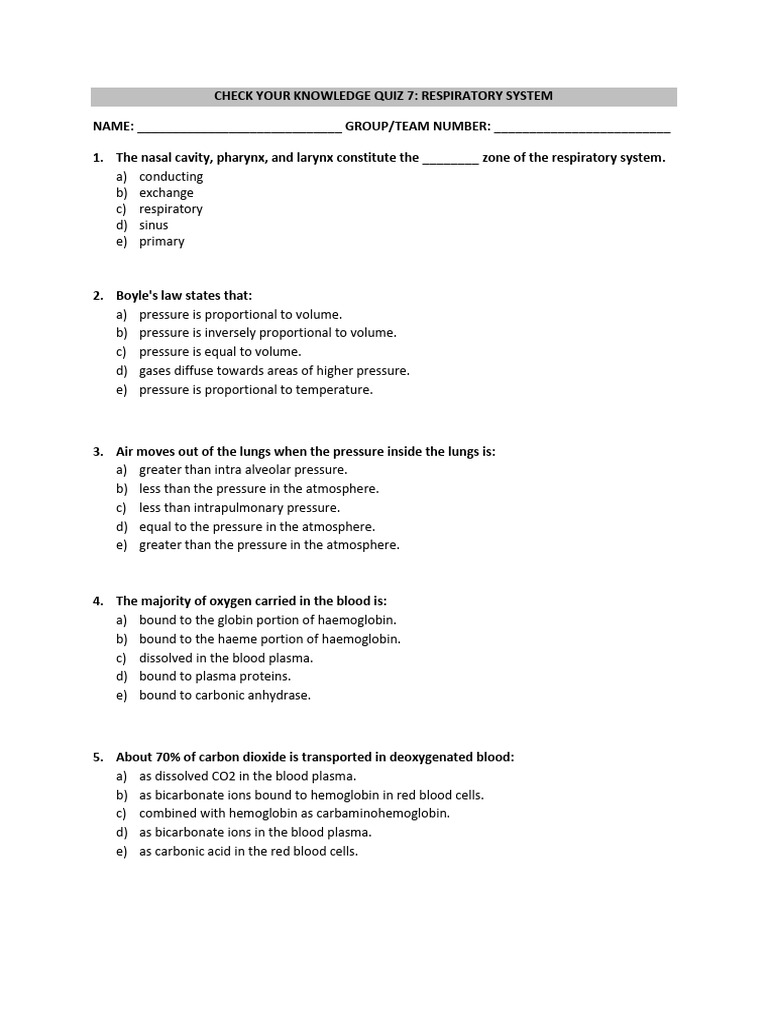 WORKSHOP QUIZ 7 - Respiratory System | PDF | Respiratory System | Blood