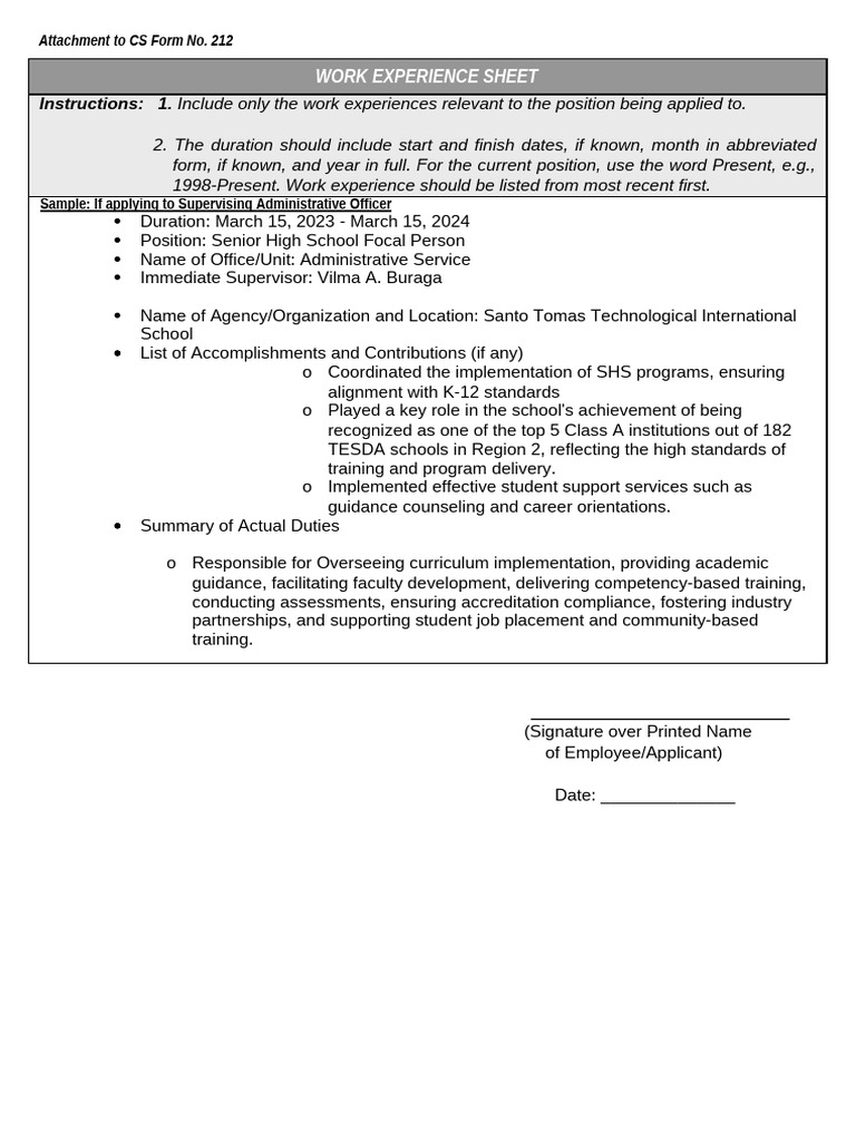 Work Experience Sheet Template | PDF