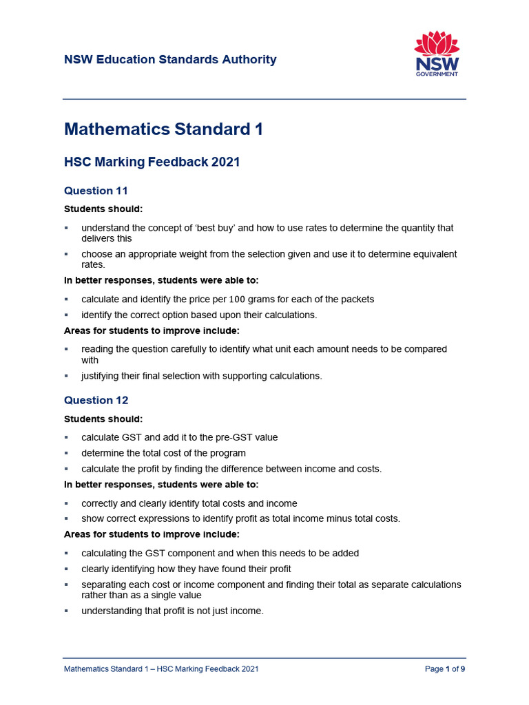 2021 HSC Mathematics Standard 1 Marking Feedback | PDF | Trigonometry ...