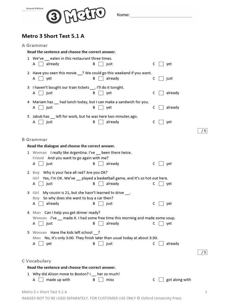Metro 3 Grammar and Vocabulary Test | PDF