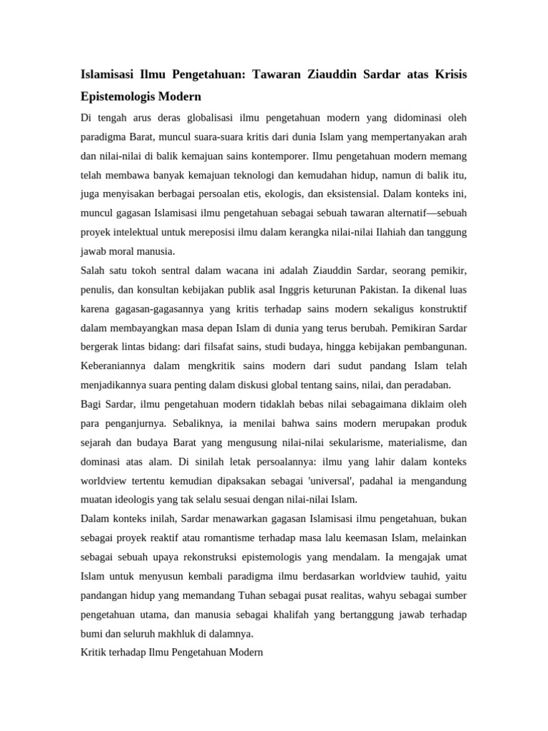 Islamisasi Ilmu: Gagasan Ziauddin Sardar | PDF