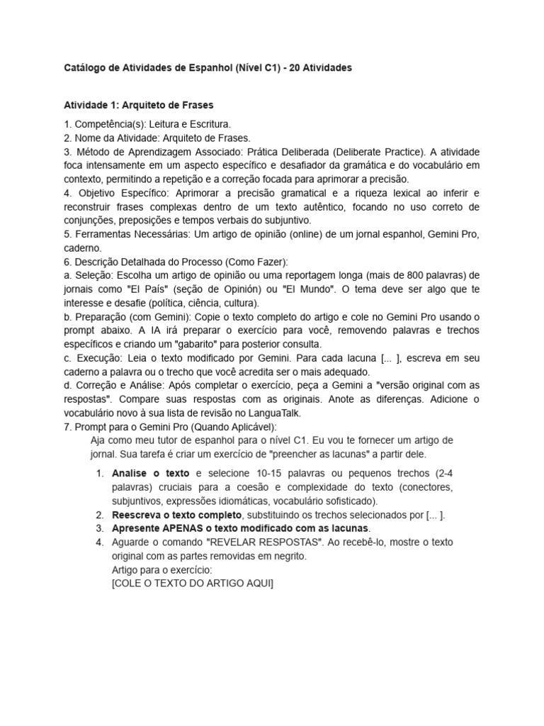 Atividades de Espanhol C1: Práticas Avançadas | PDF | Aprendizado ...