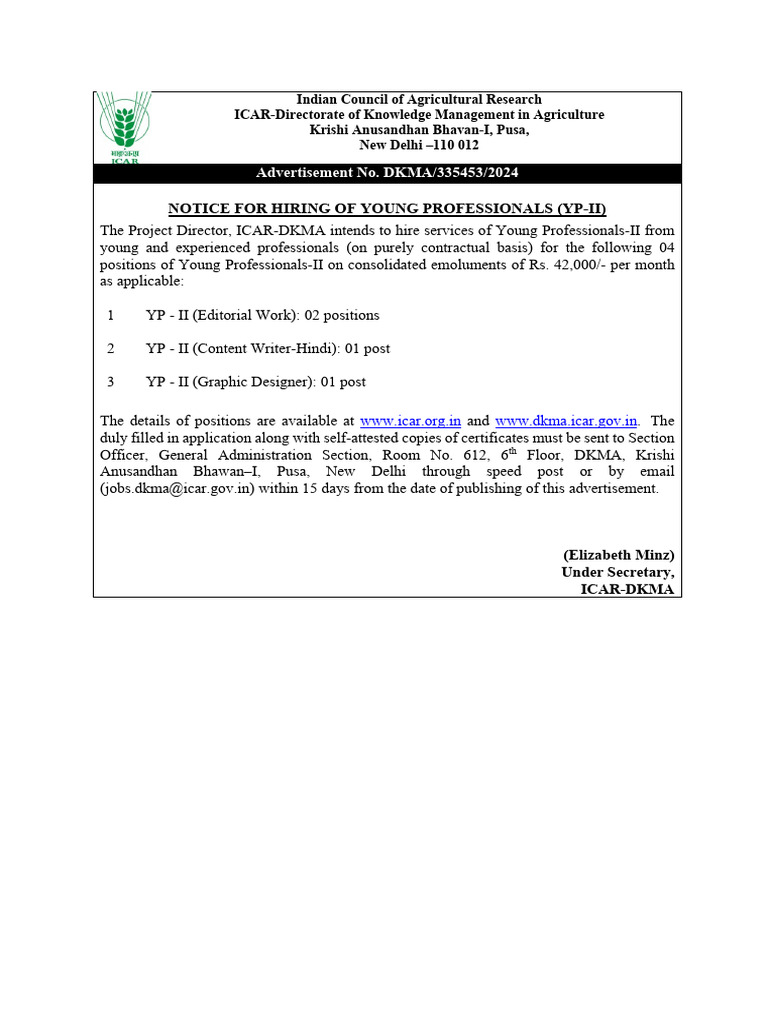 ICAR DKMA Young Professionals Recruitment | PDF | Graphics