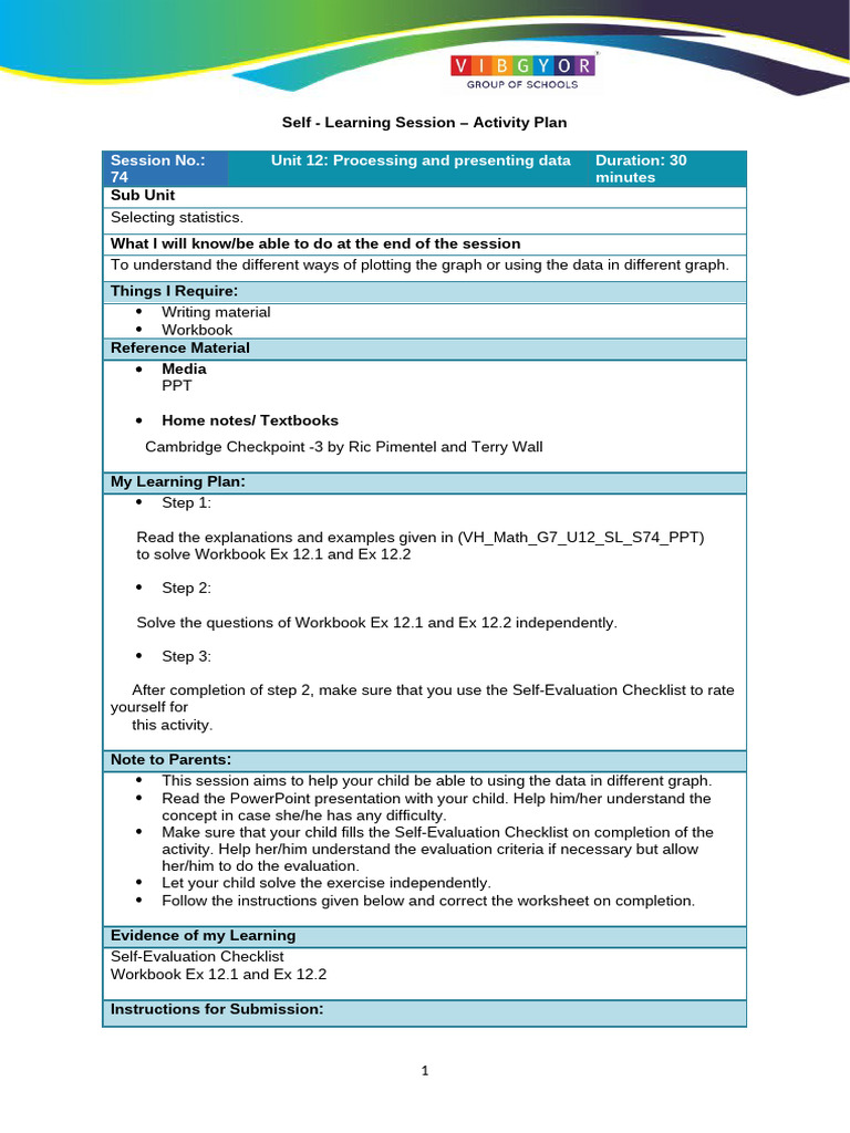 VH Math G7 U12 SL S74 Activity Plan | PDF