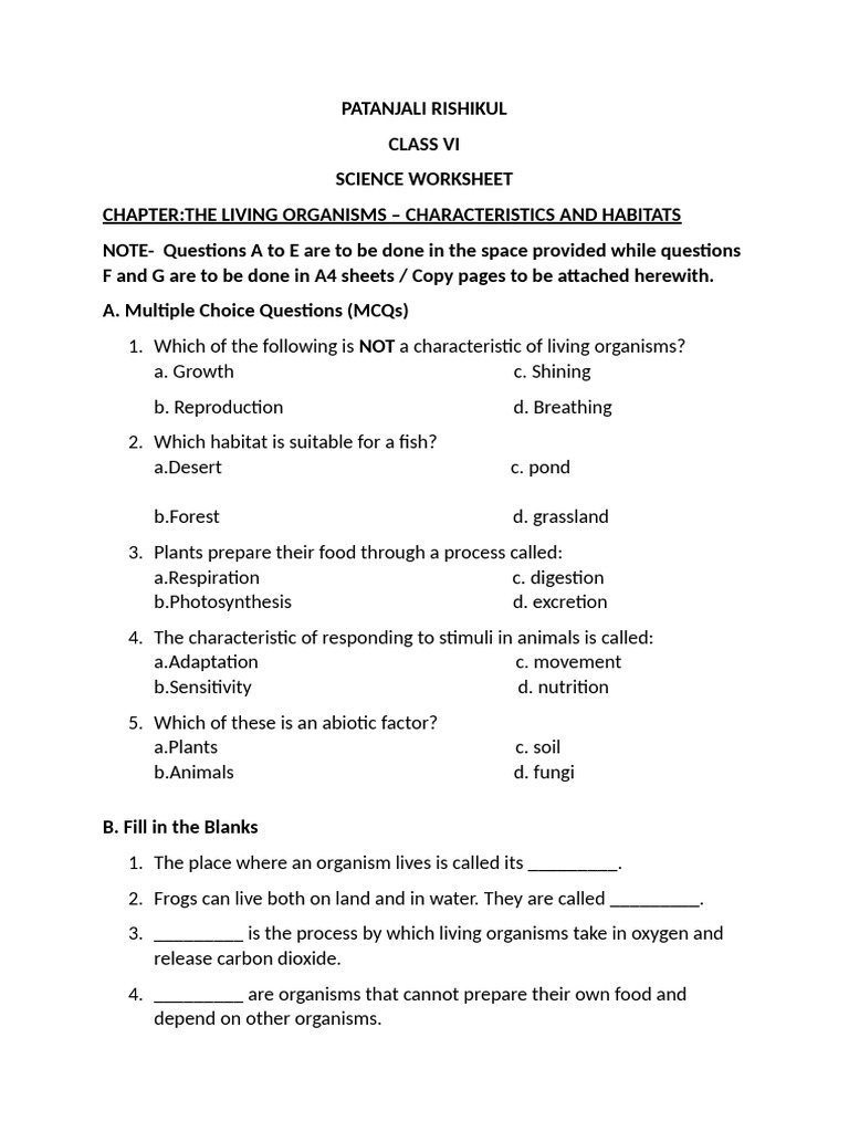 Science - Living Organisms Worksheet | PDF | Habitat | Plants