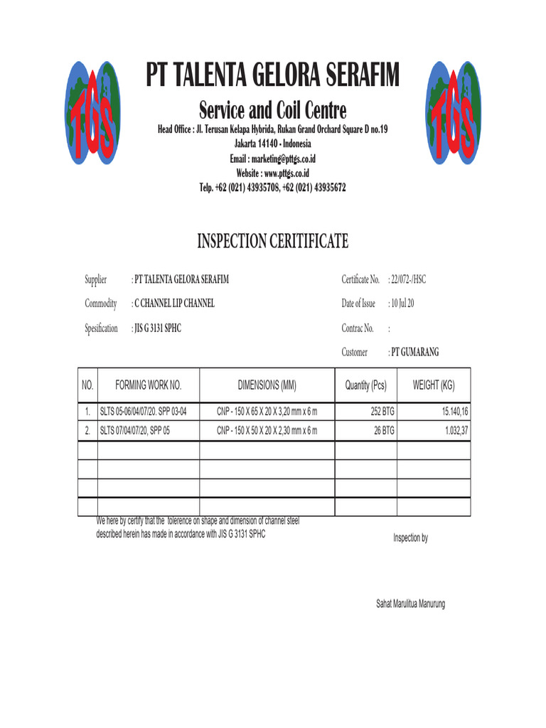 Inspection Certificate for C Channel Steel | PDF